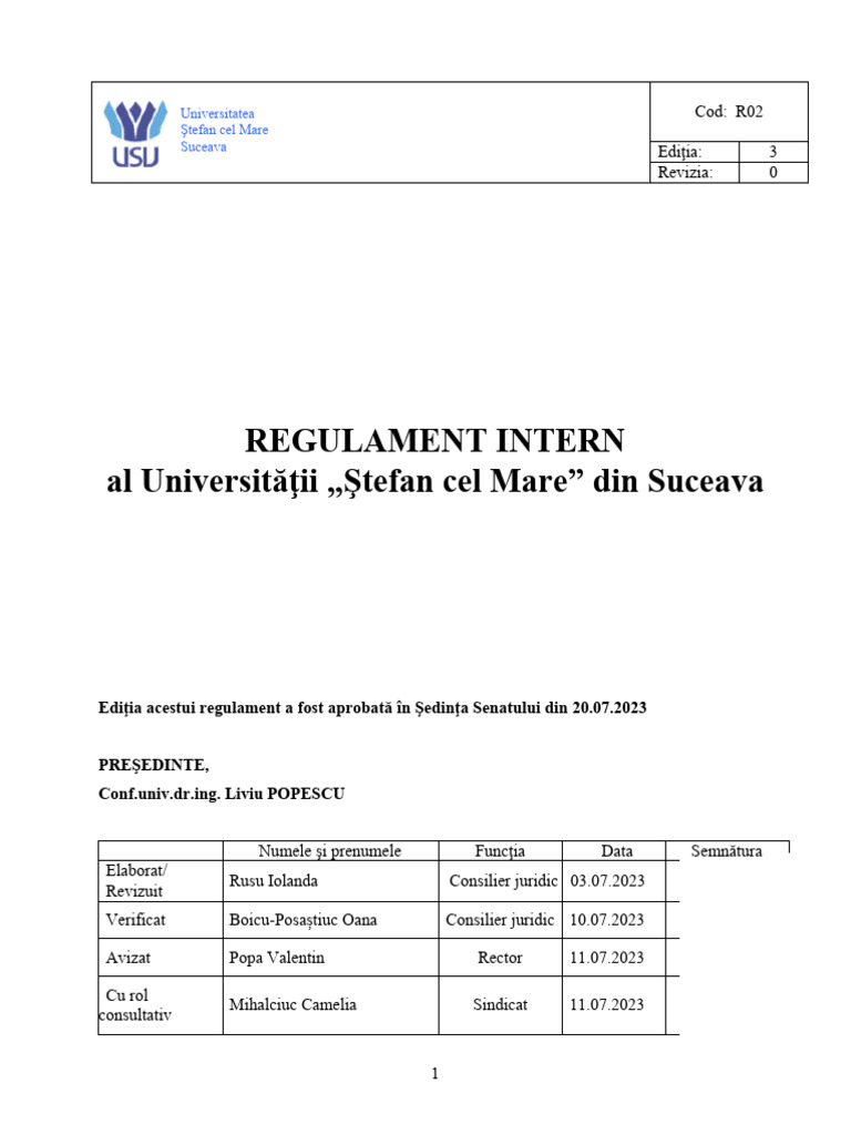 R02 Regulament Intern USV - Ed3rev0 - 20.07.2023 - Site - 25.07 | PDF