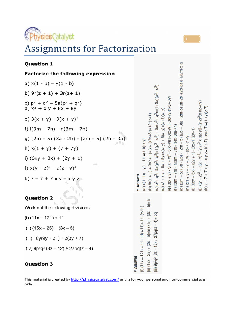 05 Class8 Assignments Factorization 2 | PDF