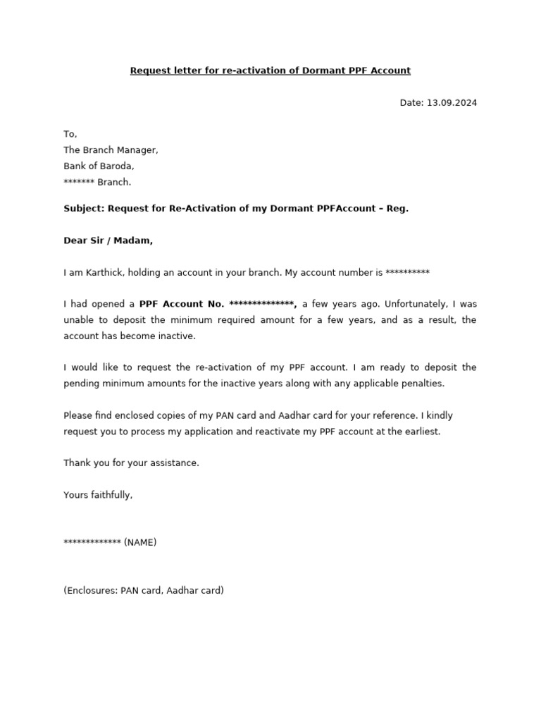 LETTER To REACTIVATE DORMANT PPF ACCOUNT | PDF | Career & Growth ...