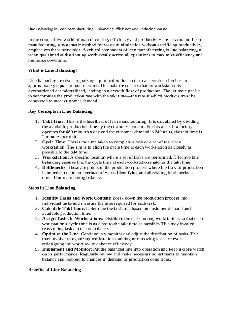 Line Balancing in Lean Manufacturing | PDF