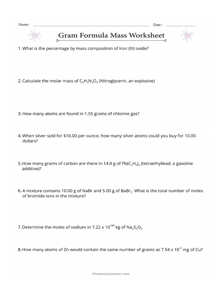 Gram Formula Mass Worksheet With Answer Key | PDF