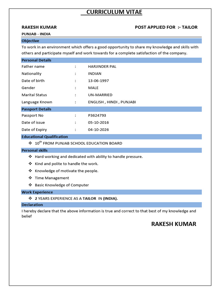 Rakesh Kumar - P3624793 - Tailor | PDF