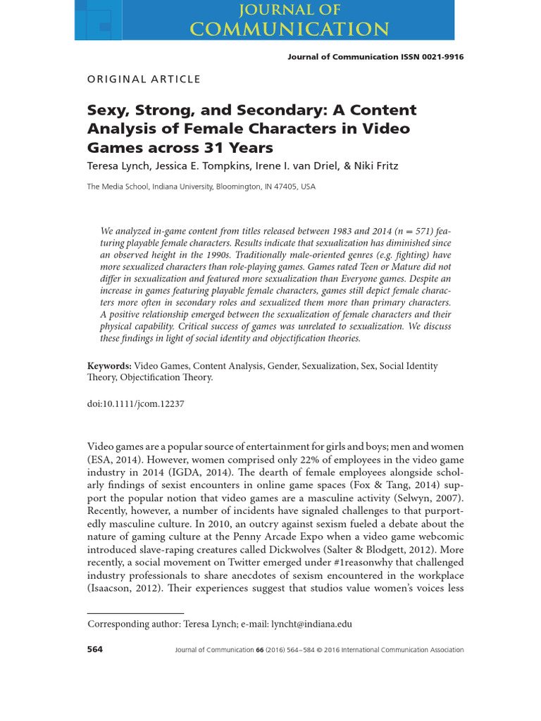 Lynch, Tompkins, Van Driel, and Fritz - Sexy, Strong, and Secondary | PDF | Video Games | Sexism