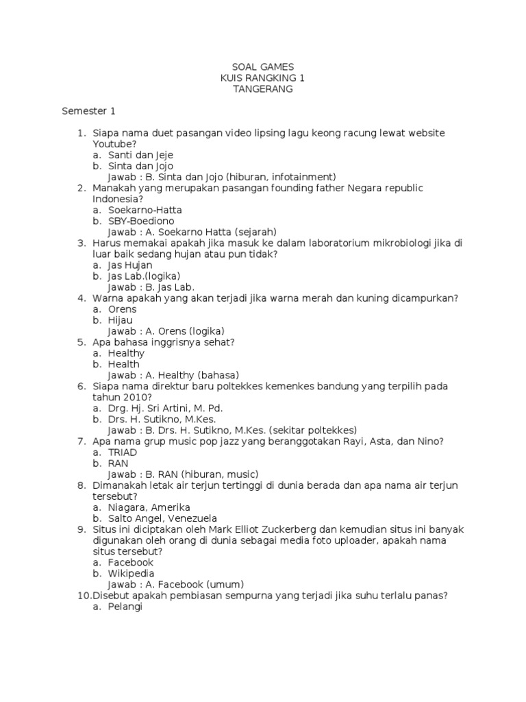 Kuis Rangking 1 Tangerang: Soal dan Jawaban Lengkap | PDF | Kesehatan ...
