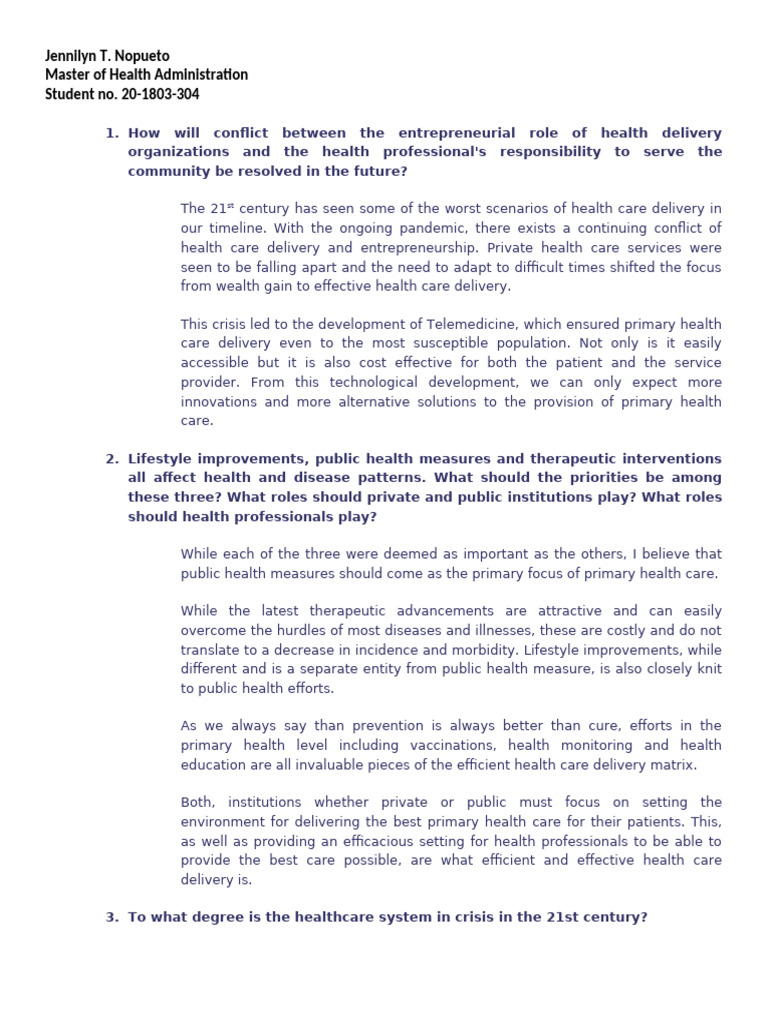 MHA Activity - Principle of Health Administration | PDF