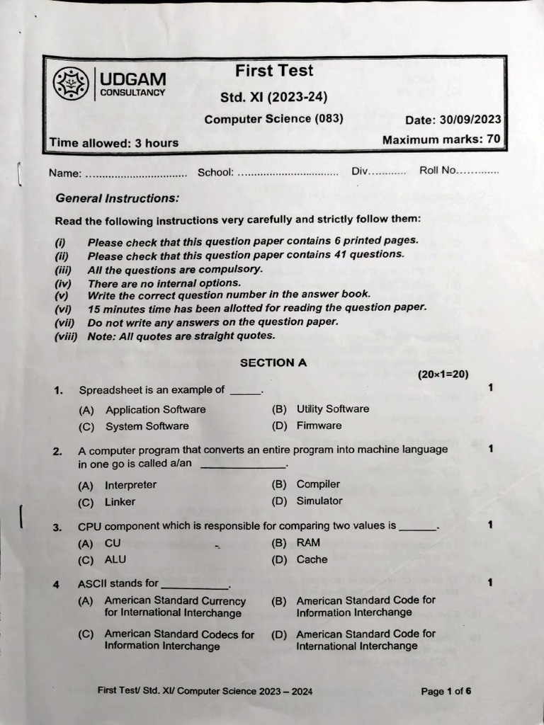 Computer Science Half-Yearly Paper (Grade 11) @2023-24 | PDF