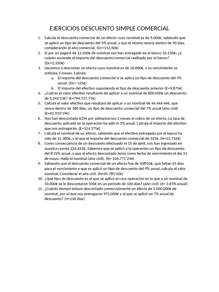 Ejercicios Descuento Simple Comercial | PDF