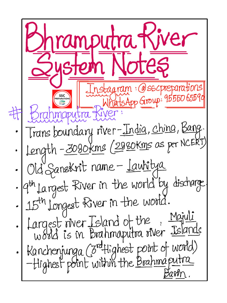 Samples Notes - Brahmaputra River System - Geography Handwritten Notes ...