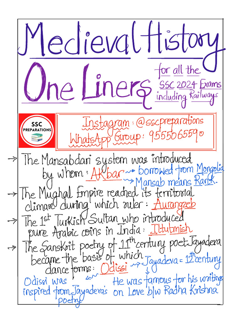 Sample Notes - Medieval History - Handwritten One Liners Notes | PDF