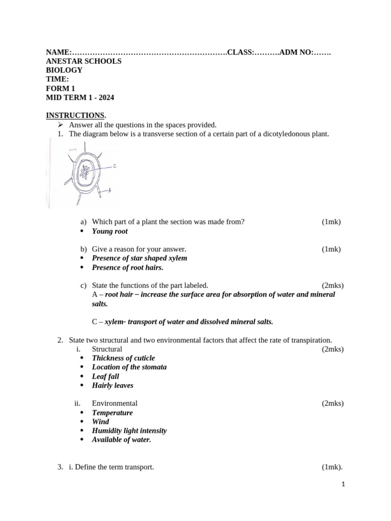 form 2 Biology midterm exam ms | PDF