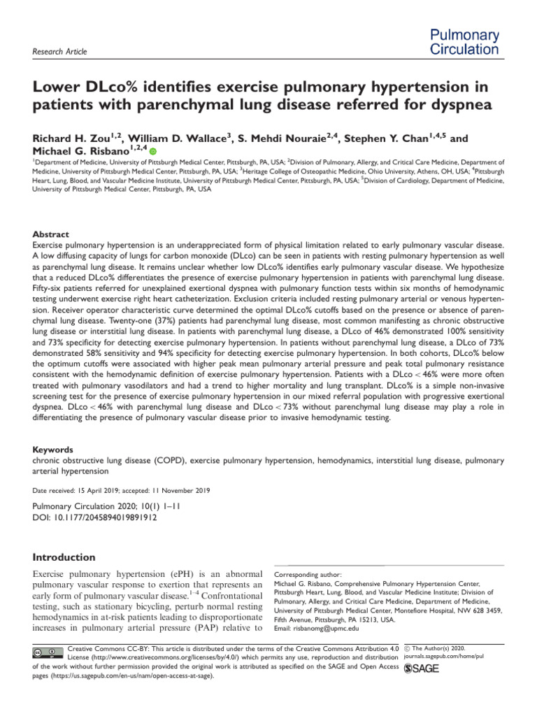 Lower DLco% Identifies Exercise Pulmonary Hypertension in Patients With Parenchymal Lung Disease ...