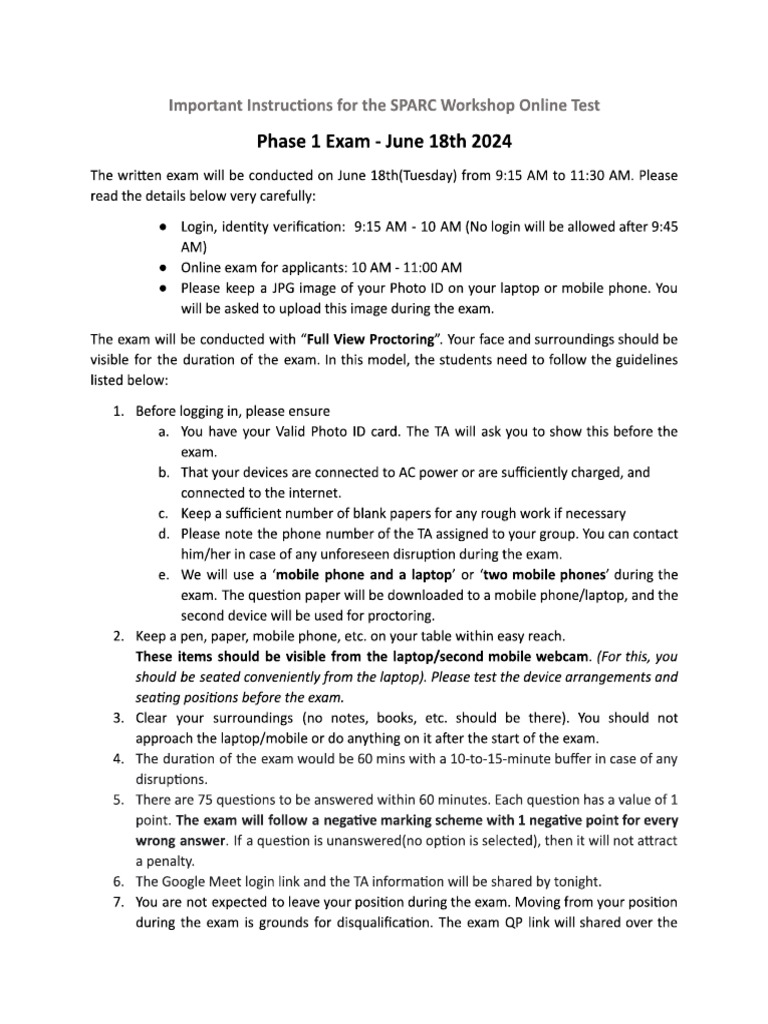 SPARC Phase 1 Exam Instructions-Updated | PDF