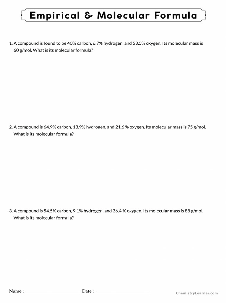 Empirical-Formula-and-Molecular-Formula-Worksheet-with-Answers | PDF