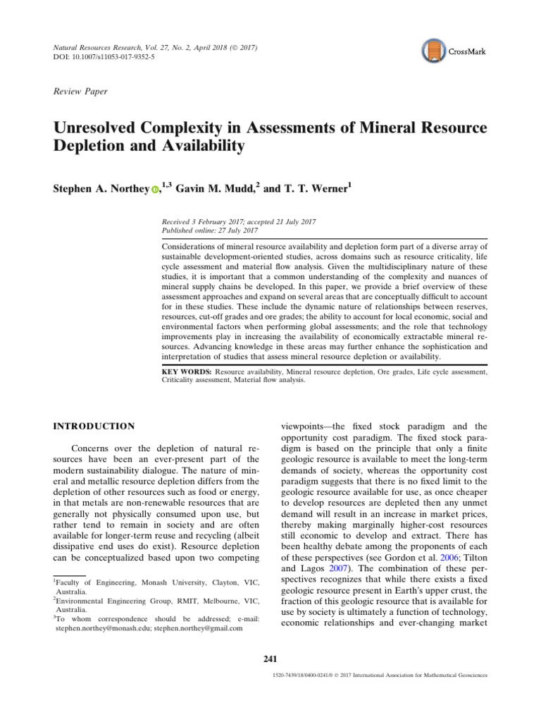 Unresolved Complexity in Assessments of Mineral Resource Depletion and Availability | PDF