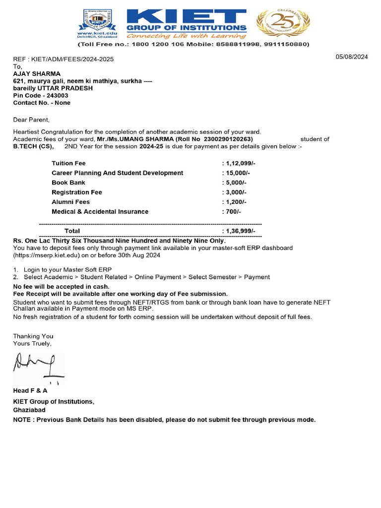 Academic Fee Letter | PDF