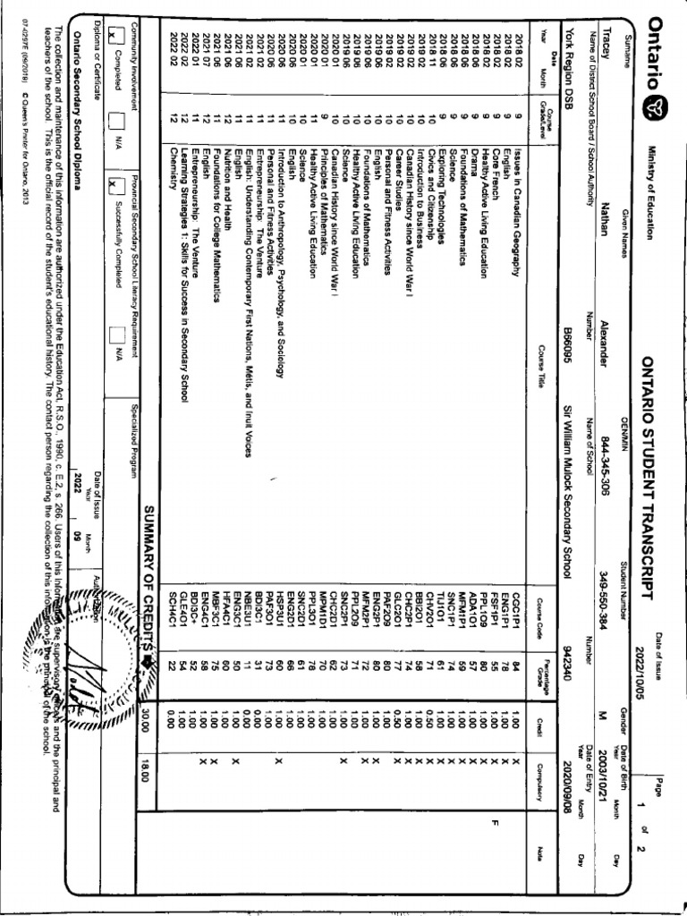 Ontario Student Transcript | PDF