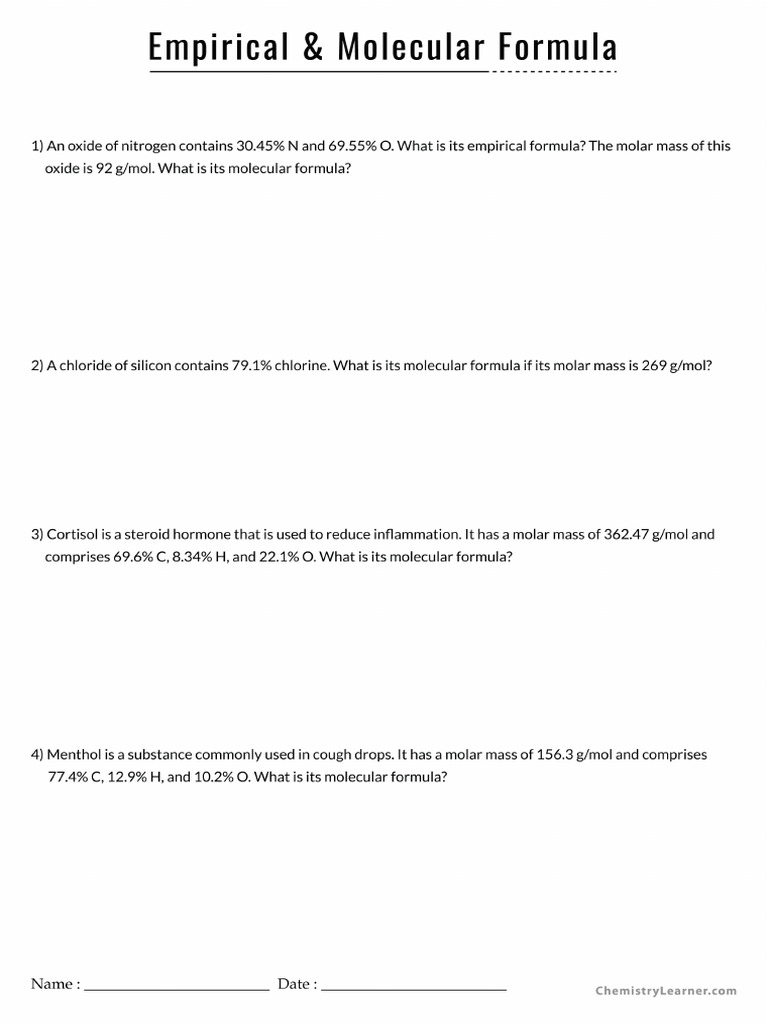 Empirical and Molecular Formula Worksheet With Answers | PDF