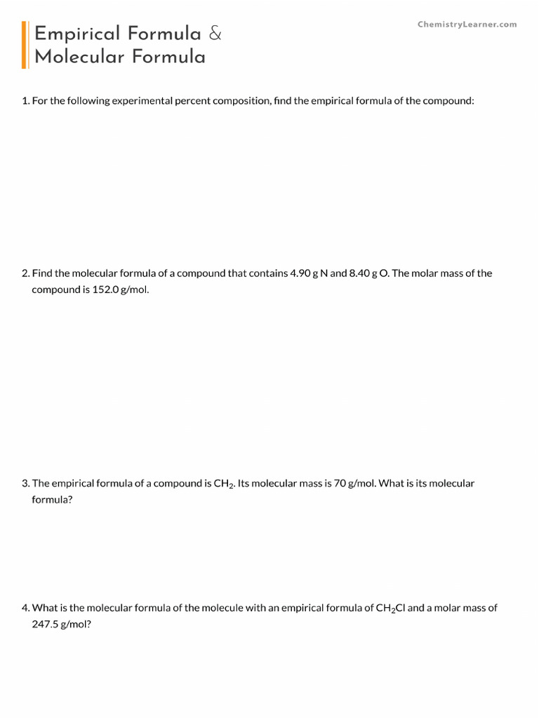 Empirical and Molecular Formula Worksheet Chemistry | PDF