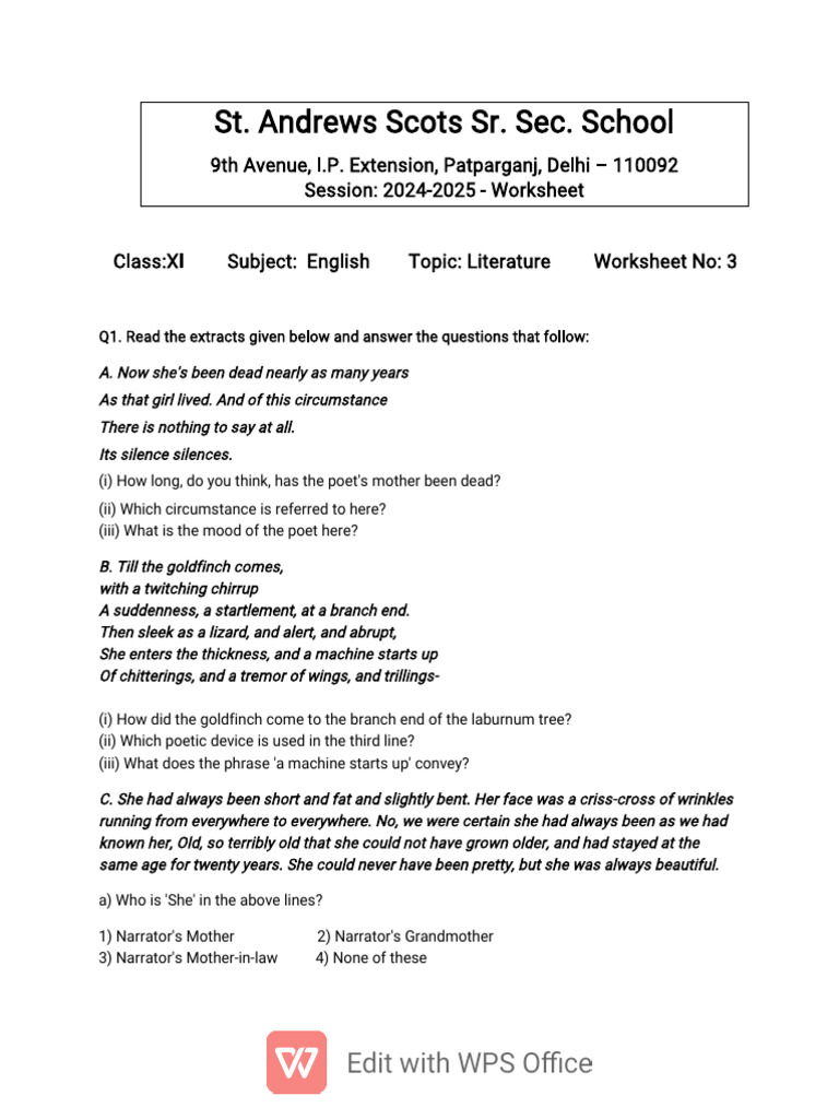 English Worksheet-3 Class XI | PDF