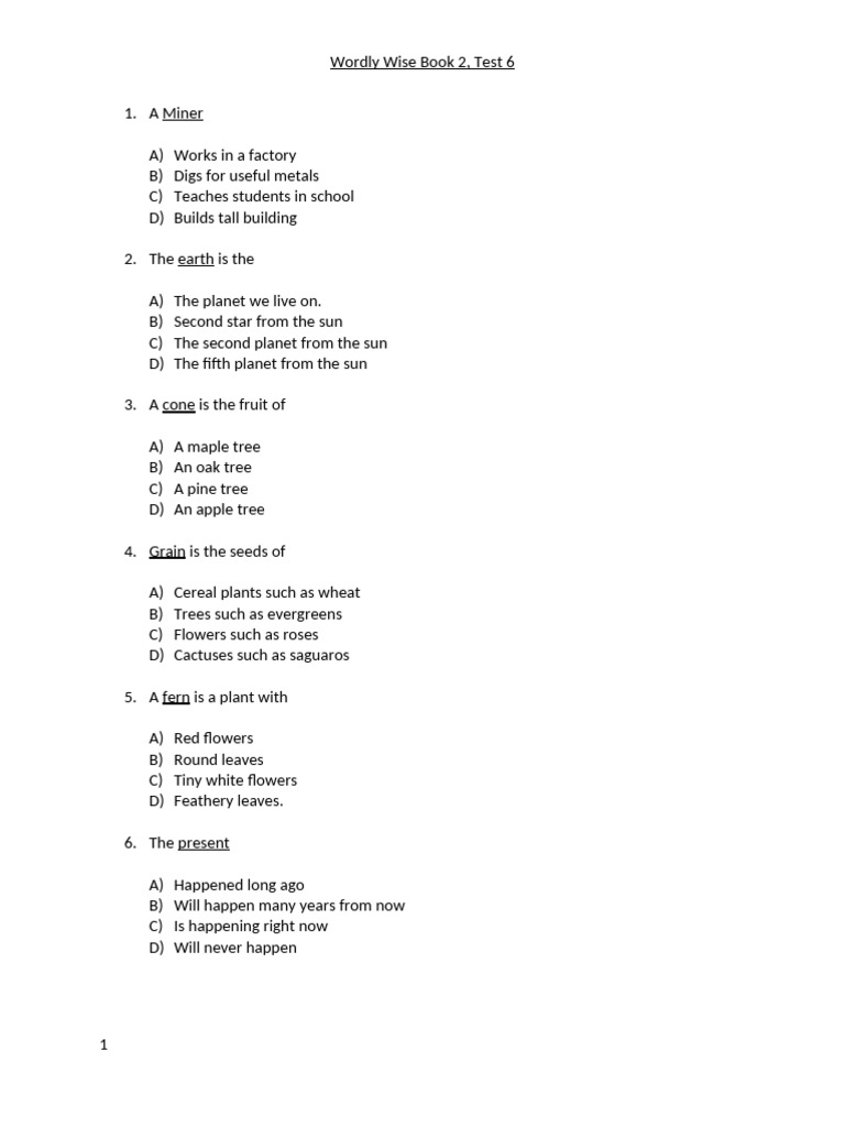 Wordly Wise Book 2, Test 6 | PDF