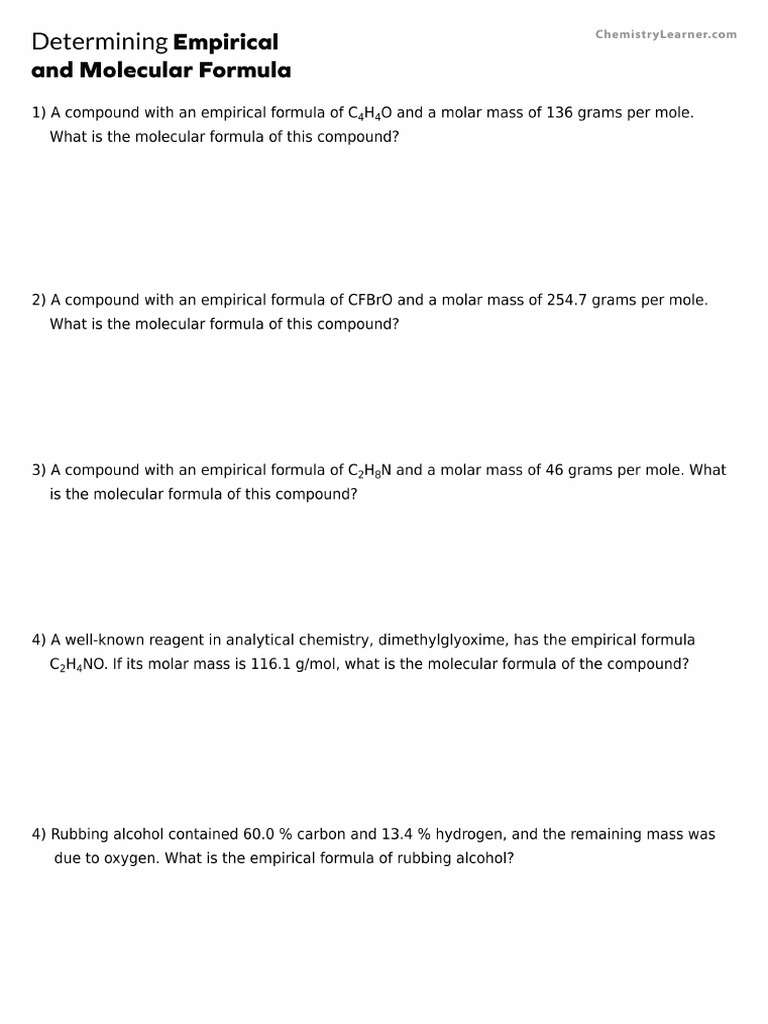 Determining Empirical and Molecular Formulas Worksheet | PDF