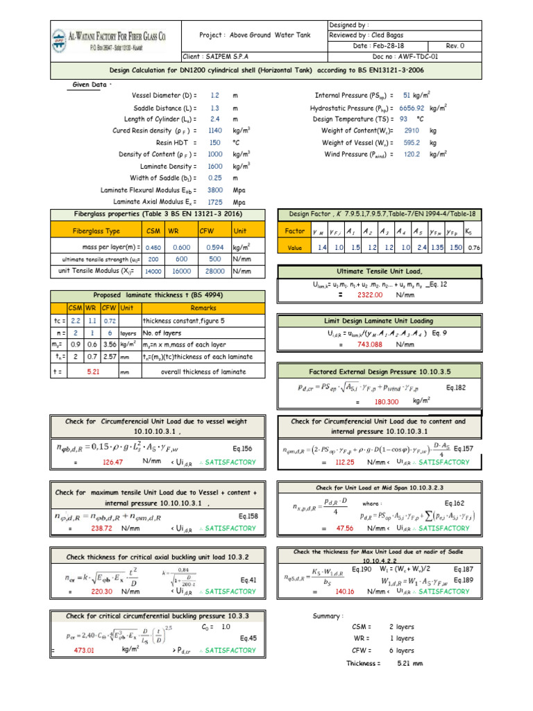 Sample Og GRP Tank Design Calculation | PDF