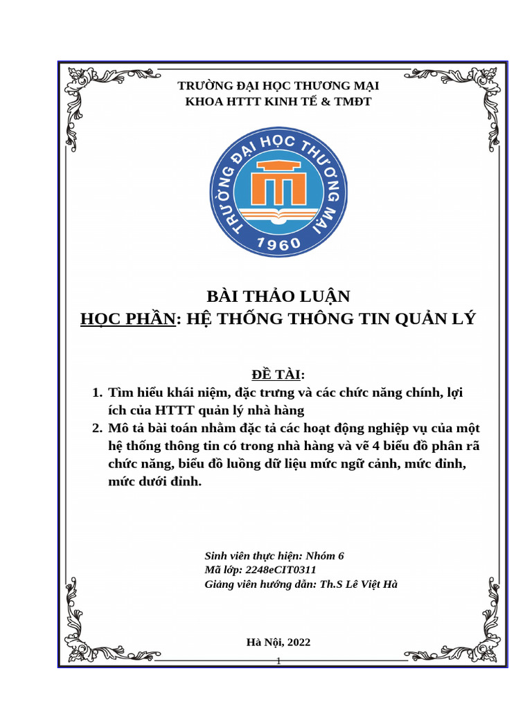 Bài thảo luận HTTTQL nhóm 6 | PDF