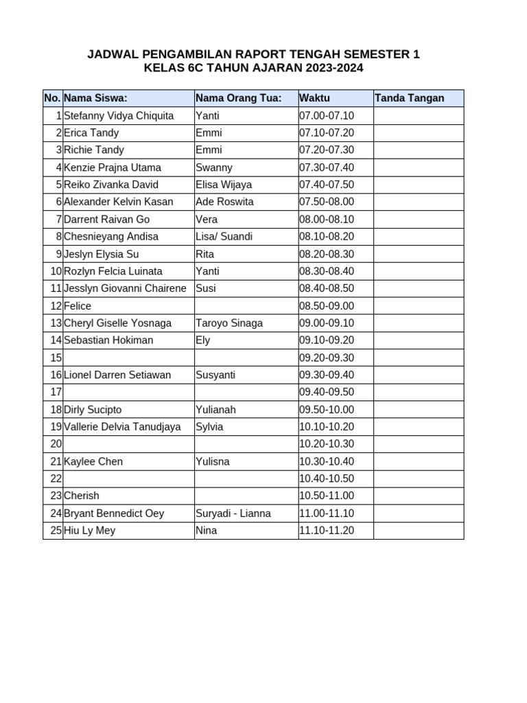 Jadwal Pengambilan Raport Mid Semester 1 Kelas 6C | PDF