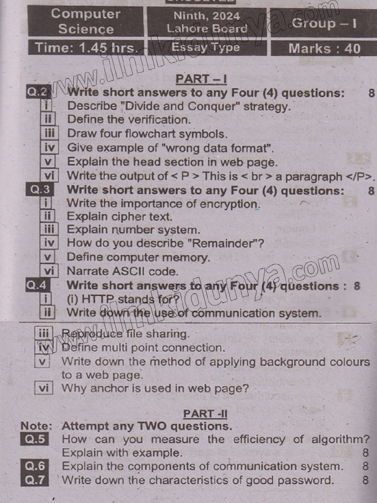 Past Paper 2024 Lahore Board Class 9th Computer Science Group I Subjective English Medium | PDF