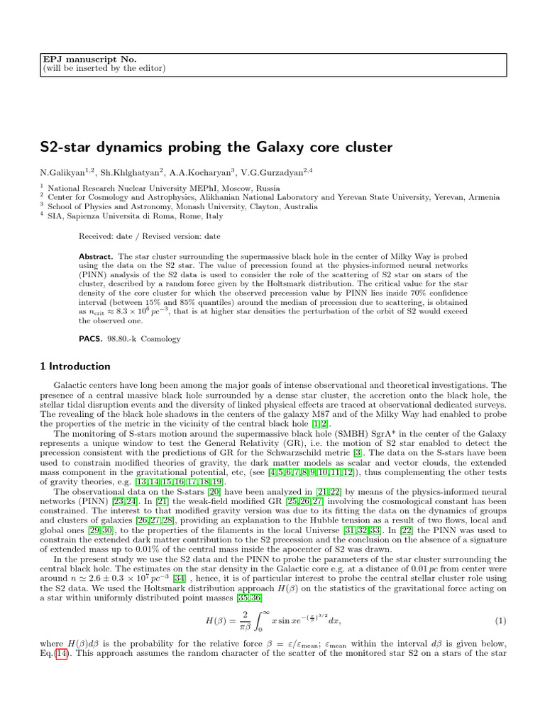 S2-Star Dynamics Probing The Galaxy Core Cluster: EPJ Manuscript No | PDF | Black Hole ...