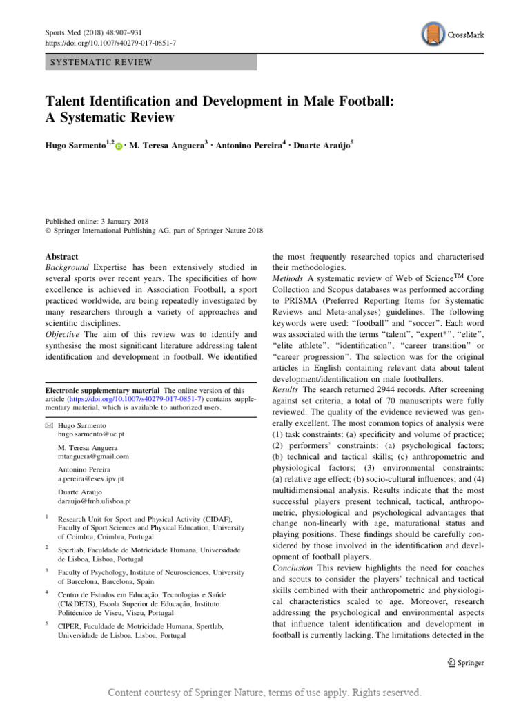 Talent Identification and Development in Male Football: A Systematic ...