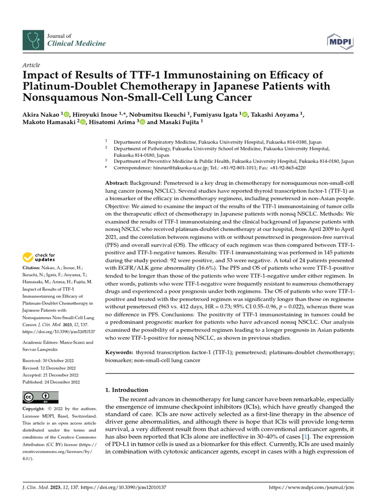 Impact of Results of TTF-1 Immunostaining On Efficacy of Platinum ...