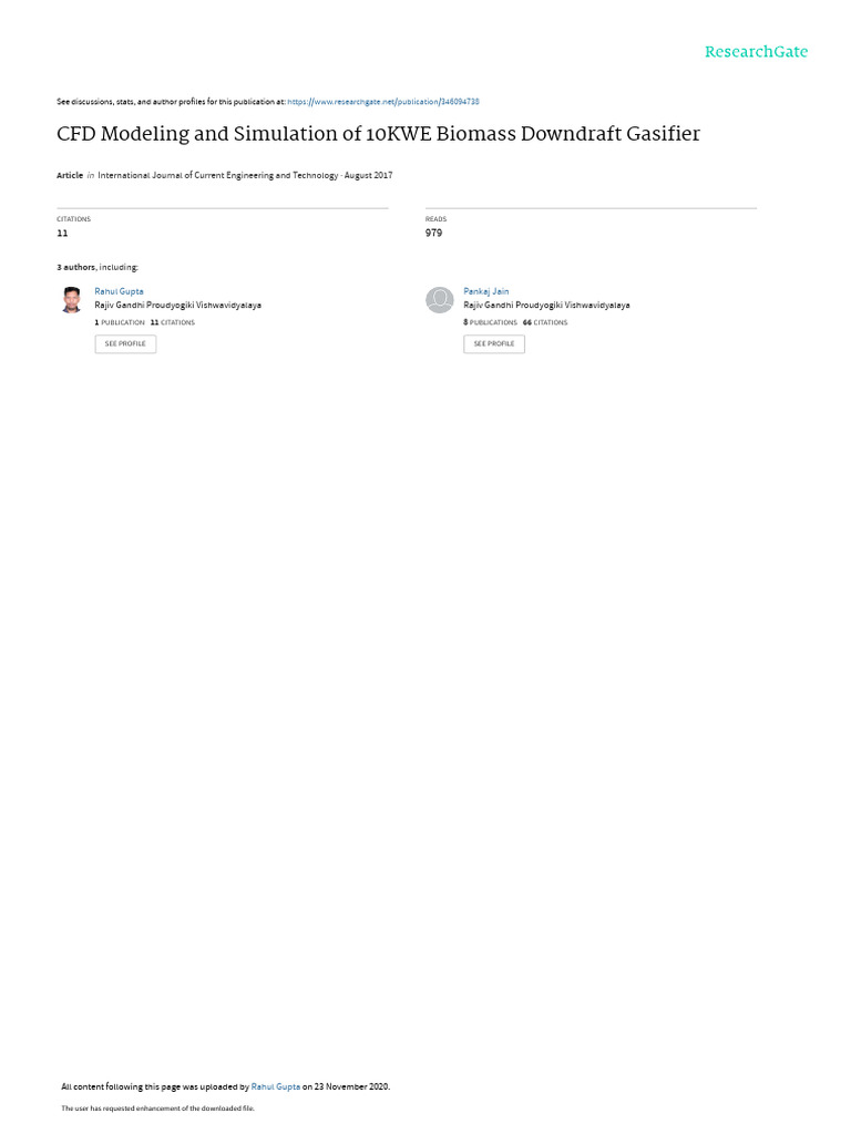 CFD Modeling and Simulation of 10KWE Biomass Downdraft Gasifier | PDF