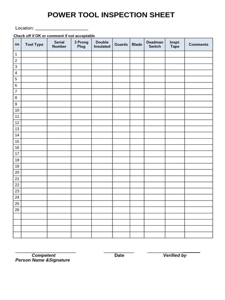 Power Tool Inspection Sheet | PDF