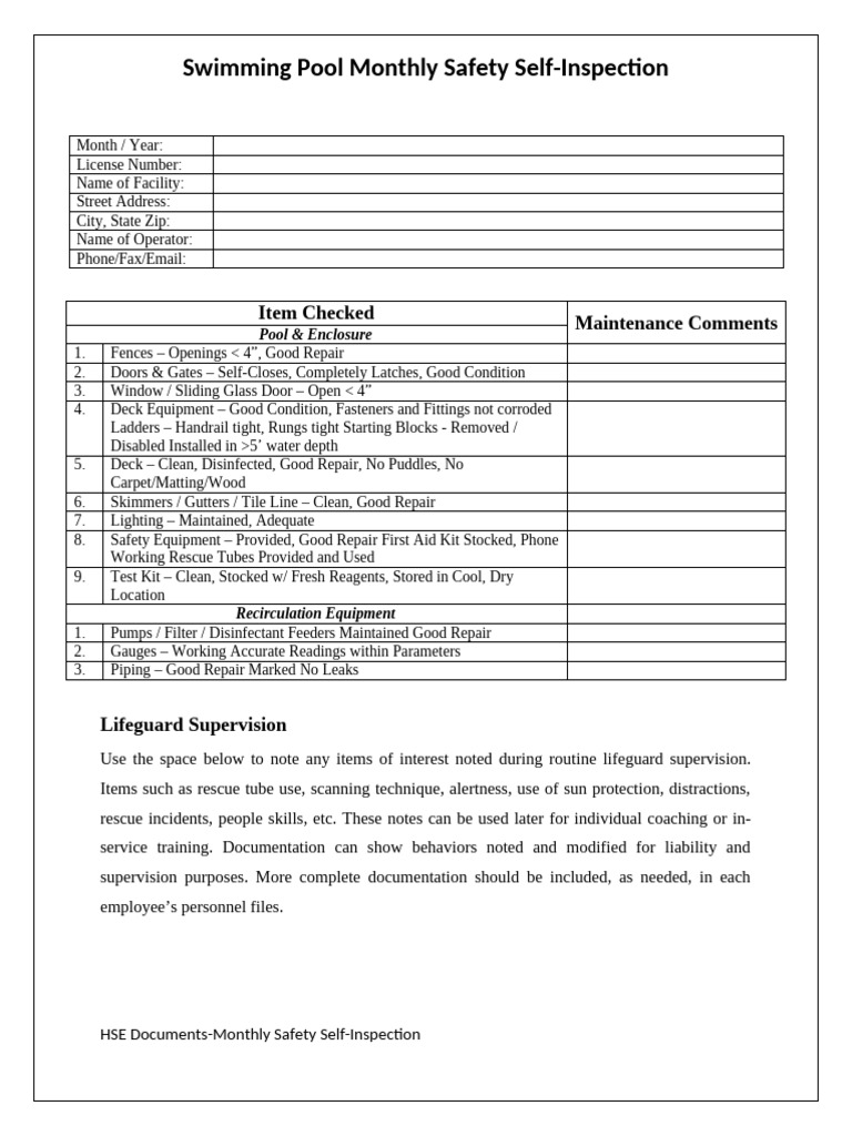 Swimming Pool Monthly Safety Self-Inspection | PDF