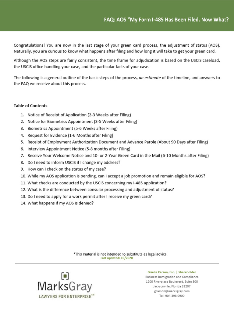 FAQ - AOS My Form I 485 Has Been Filed. Now What | PDF