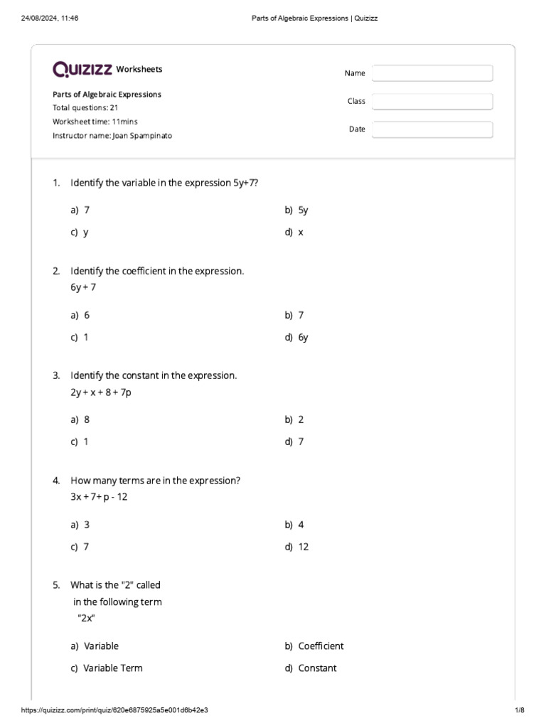 Algebraic Expressions - 001a | PDF