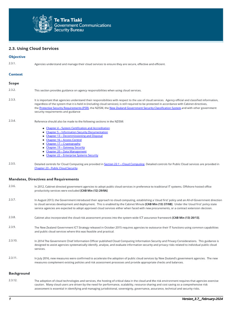 NZISM 2.3. Using Cloud Services V. 3.7 February 2024 | PDF