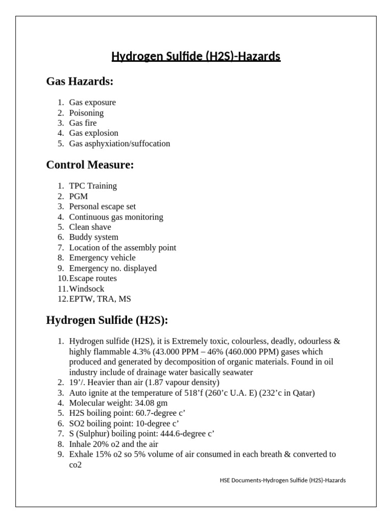 Hydrogen Sulfide (H2S) - Hazards | PDF