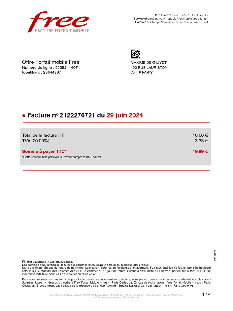 Facture Freemobile 20240629 | PDF