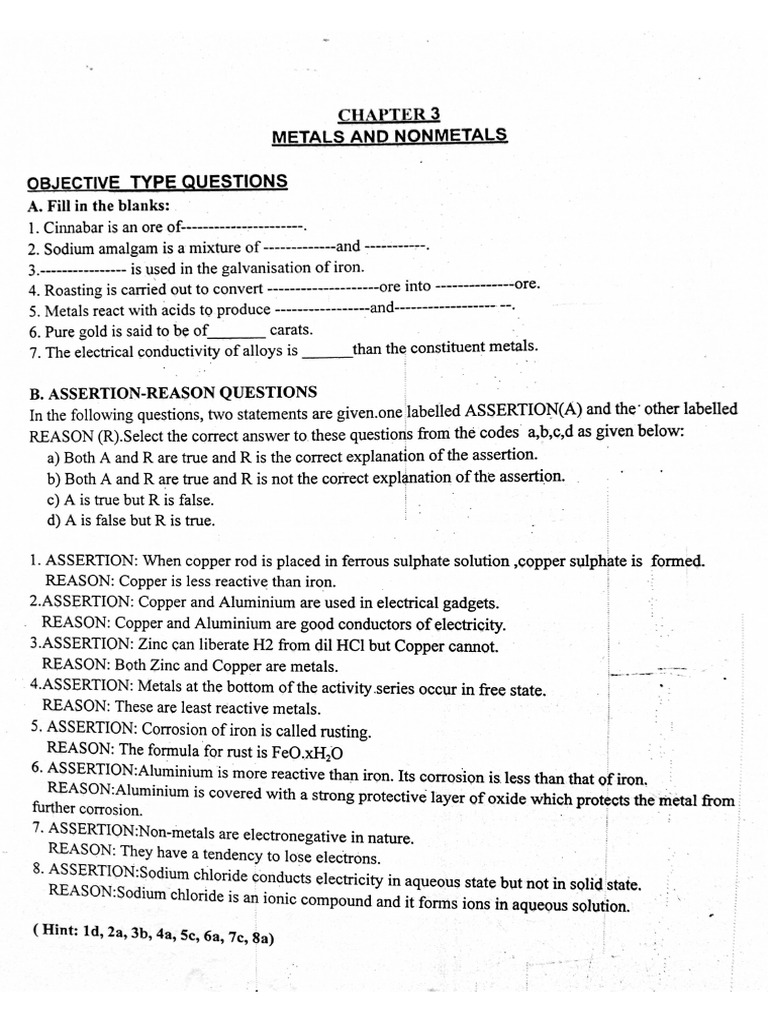 10th Metals and Non Metals Worksheet,23-24 | PDF