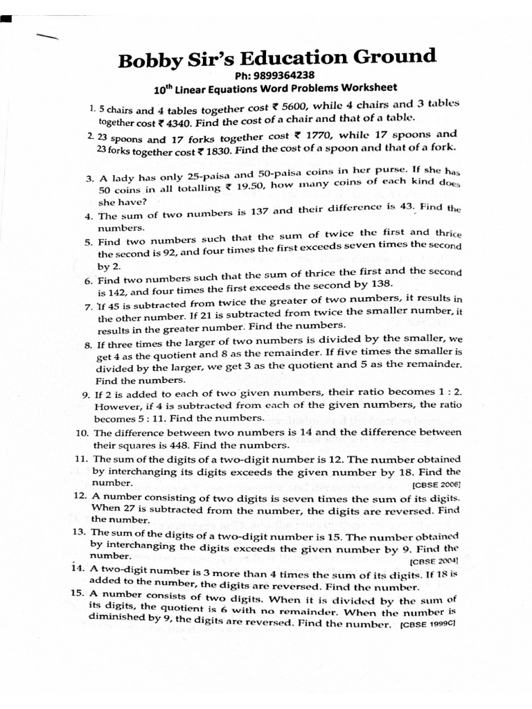 10th Linear Equations Worksheet 4, Word Problems, 23-24 | PDF