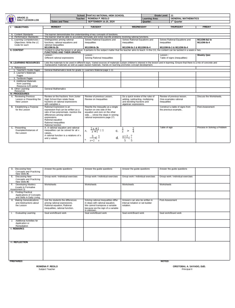 6th Week DLL Gen Math | PDF | Equations | Rational Number