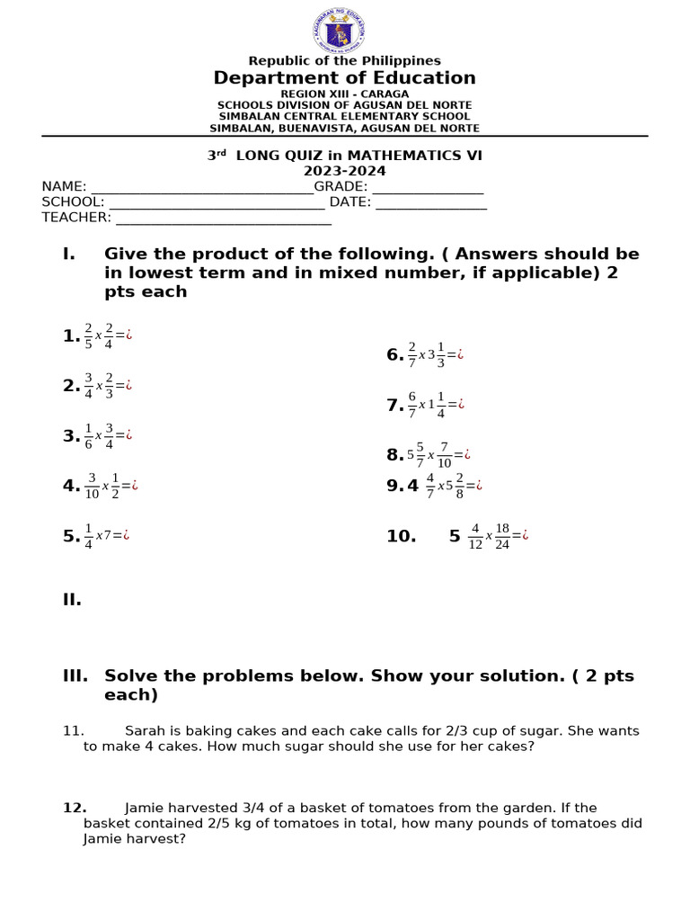 Math Long Quiz Multiply and Divide Fractions | PDF