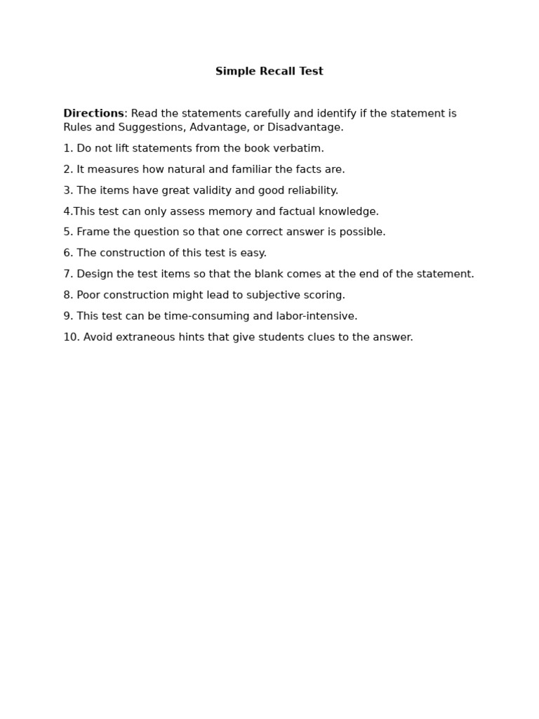 Simple Recall Test | PDF