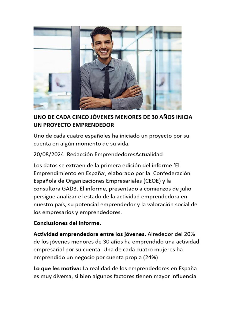 UNO DE CADA CINCO JÓVENES MENORES DE 30 AÑOS INICIA UN PROYECTO EMPRENDEDOR Articulo Prueba ...