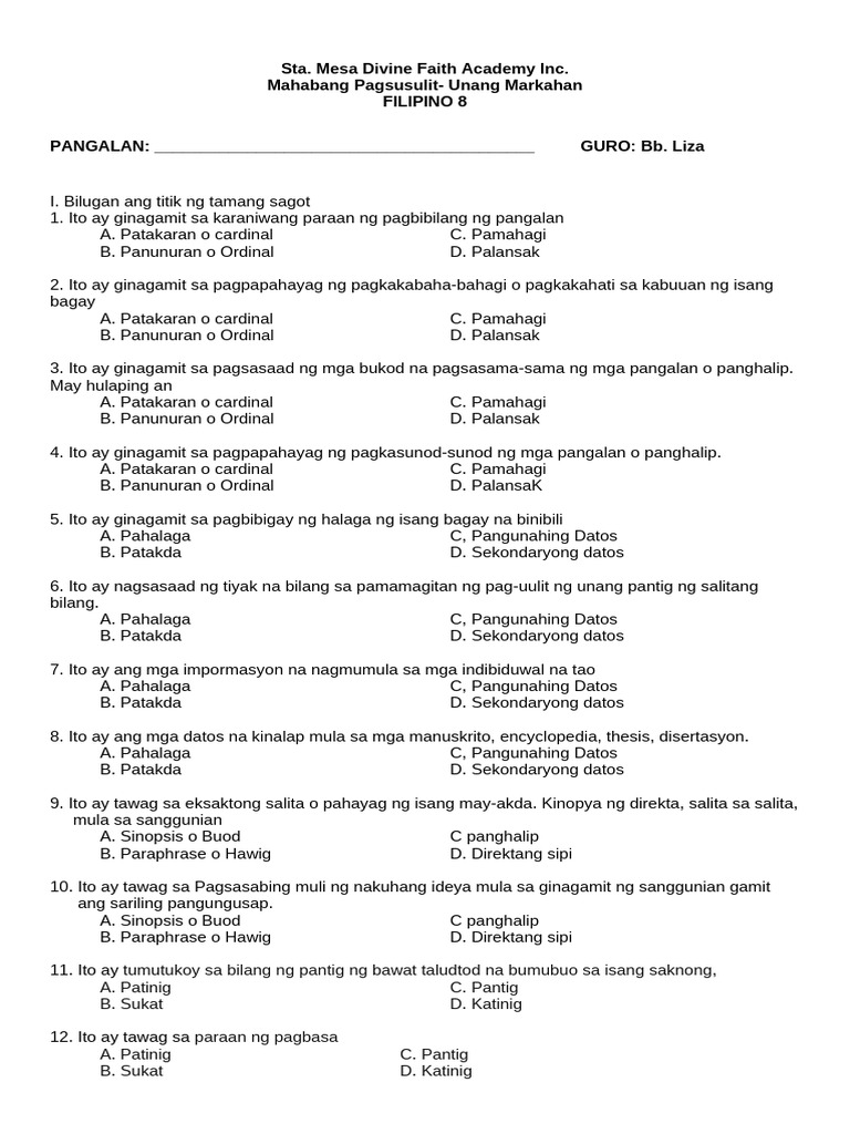 1ST Periodical Exam Grad 8 Filipino | PDF