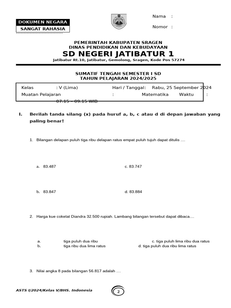 Asts 1 Matematika Kelas V | PDF
