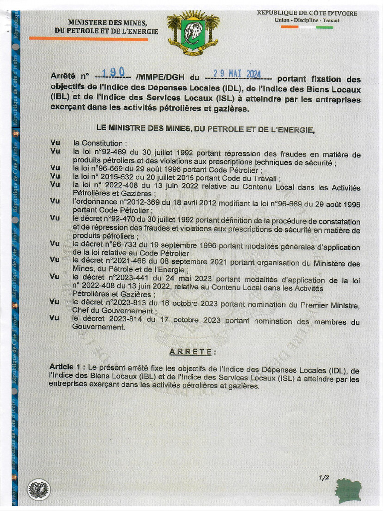 Arrêté N°190 MMPE DGH Du 29 Mai 2024 | PDF