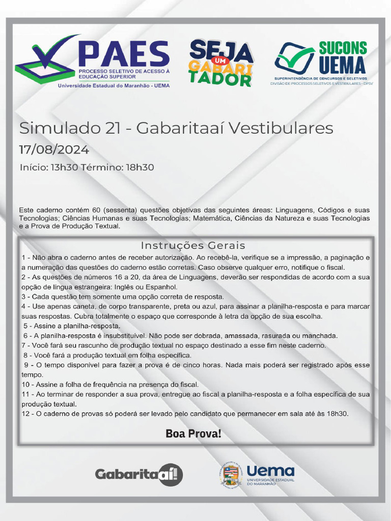 Simulado 21 - PAES UEMA 2025 - Gabaritaaí Vestibulares | PDF